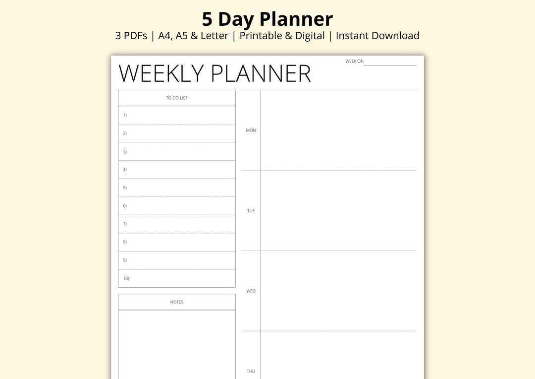 5 Day Planner, Weekly Planner Template, Week at a Glance, Weekly ...