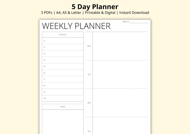 5 Day Planner, Weekly Planner Template, Week at a Glance, Weekly ...