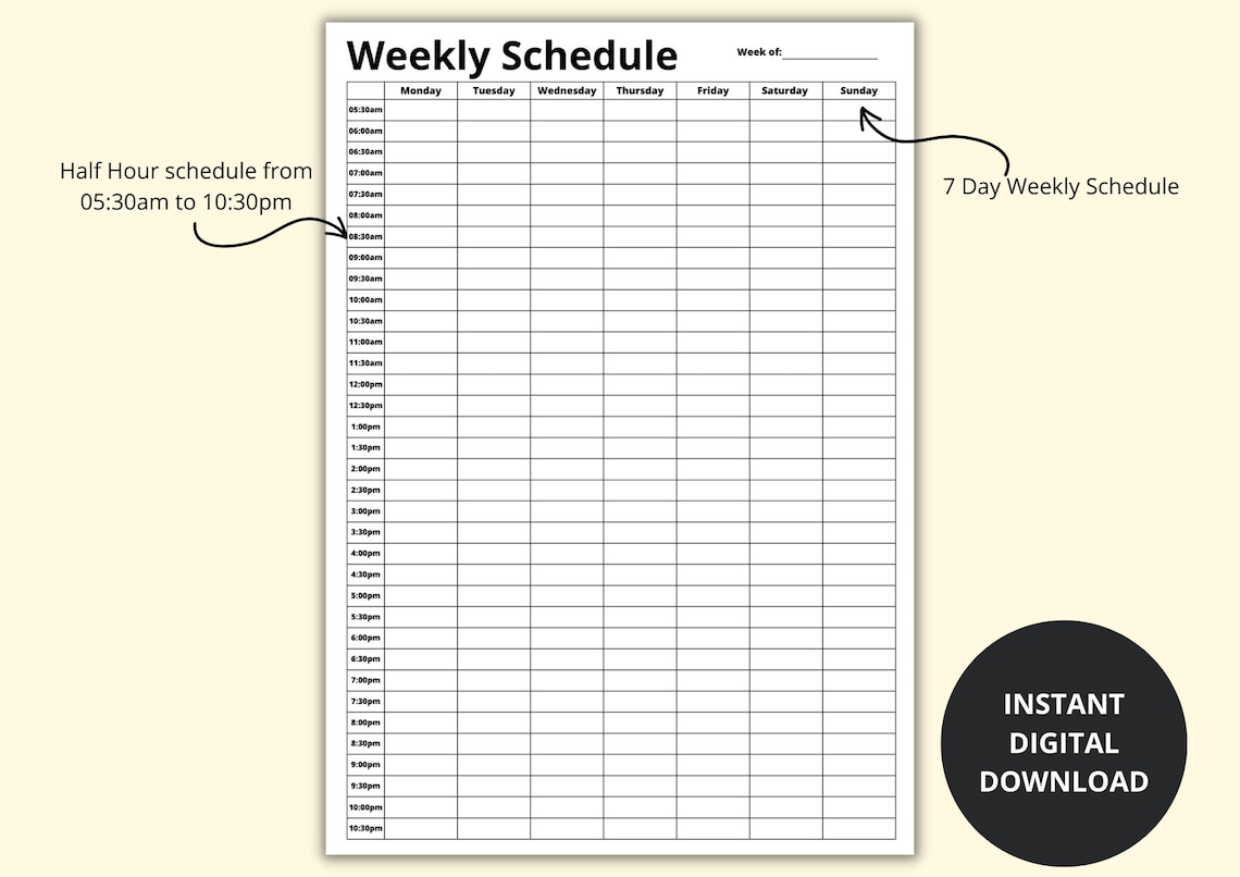 Half Hour Weekly Schedule, 7 Day Planner, Weekly Planner PDF, Week at a ...