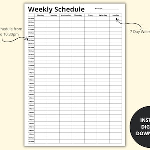 Half Hour Weekly Schedule, 7 Day Planner, Weekly Planner PDF, Week at a ...
