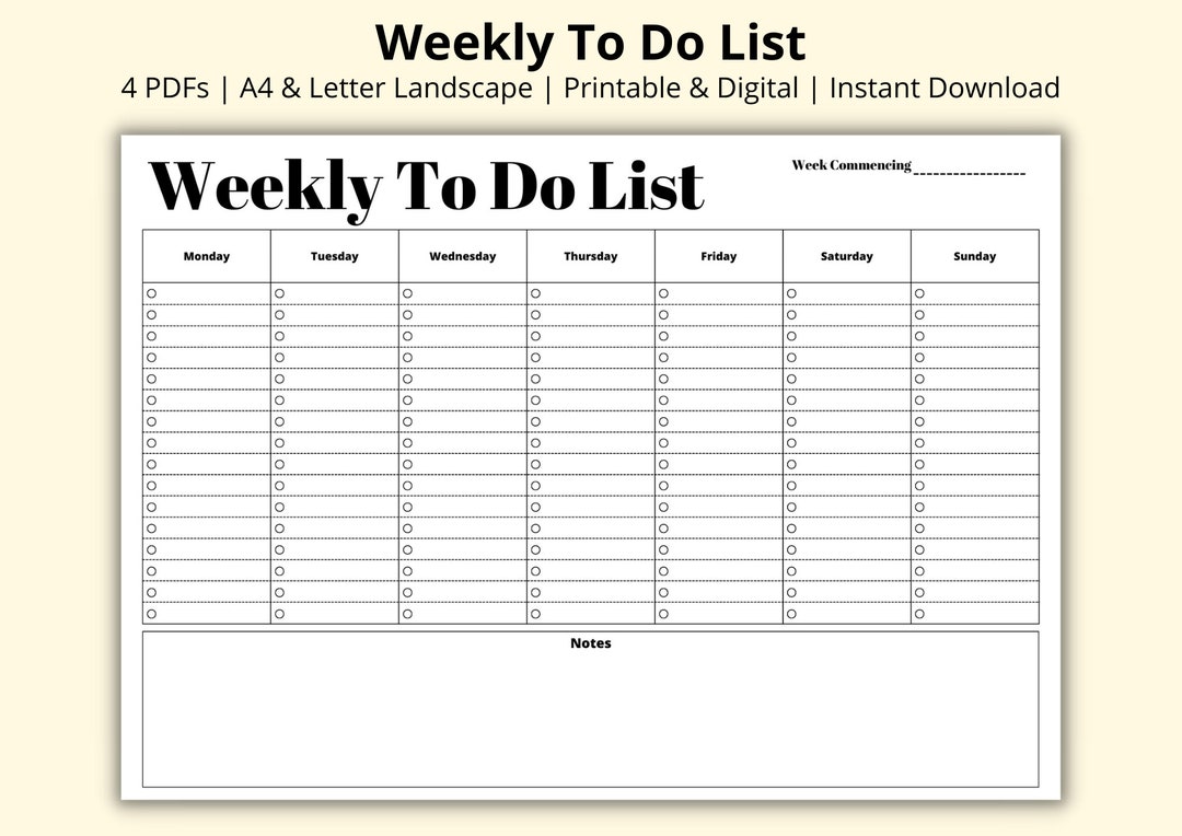 Weekly to Do List, Weekly Tasks List, 7 Day Week Planner, Digital ...