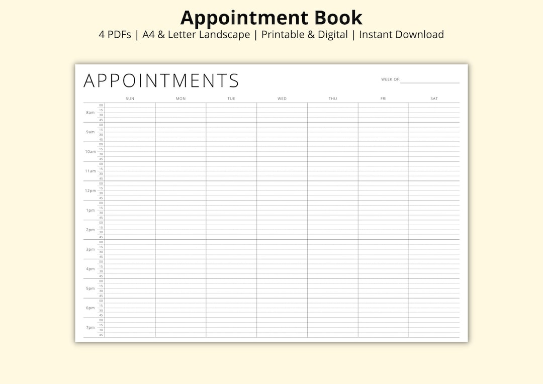 Appointment Book, 15 Minute Interval Planner, Weekly Appointment ...