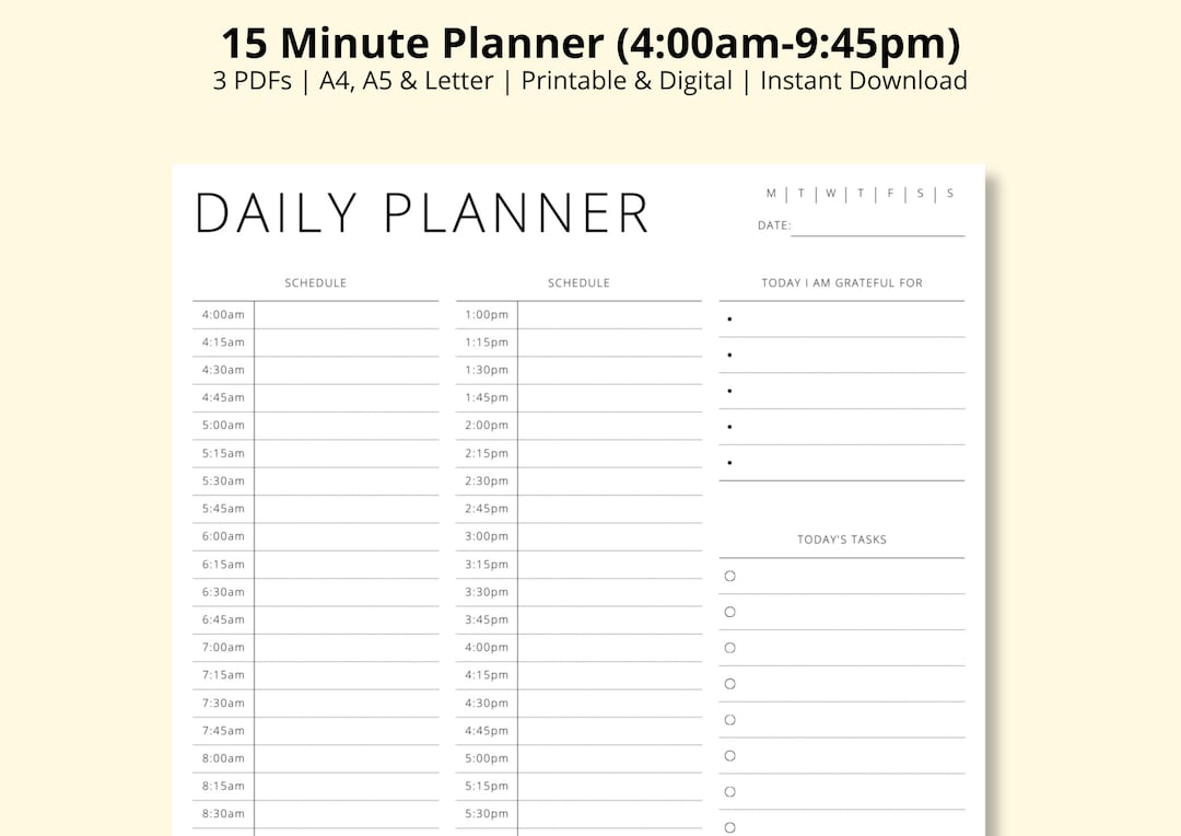 15 Minute Planner, Time Block PDF, Day Schedule Template, Daily ...