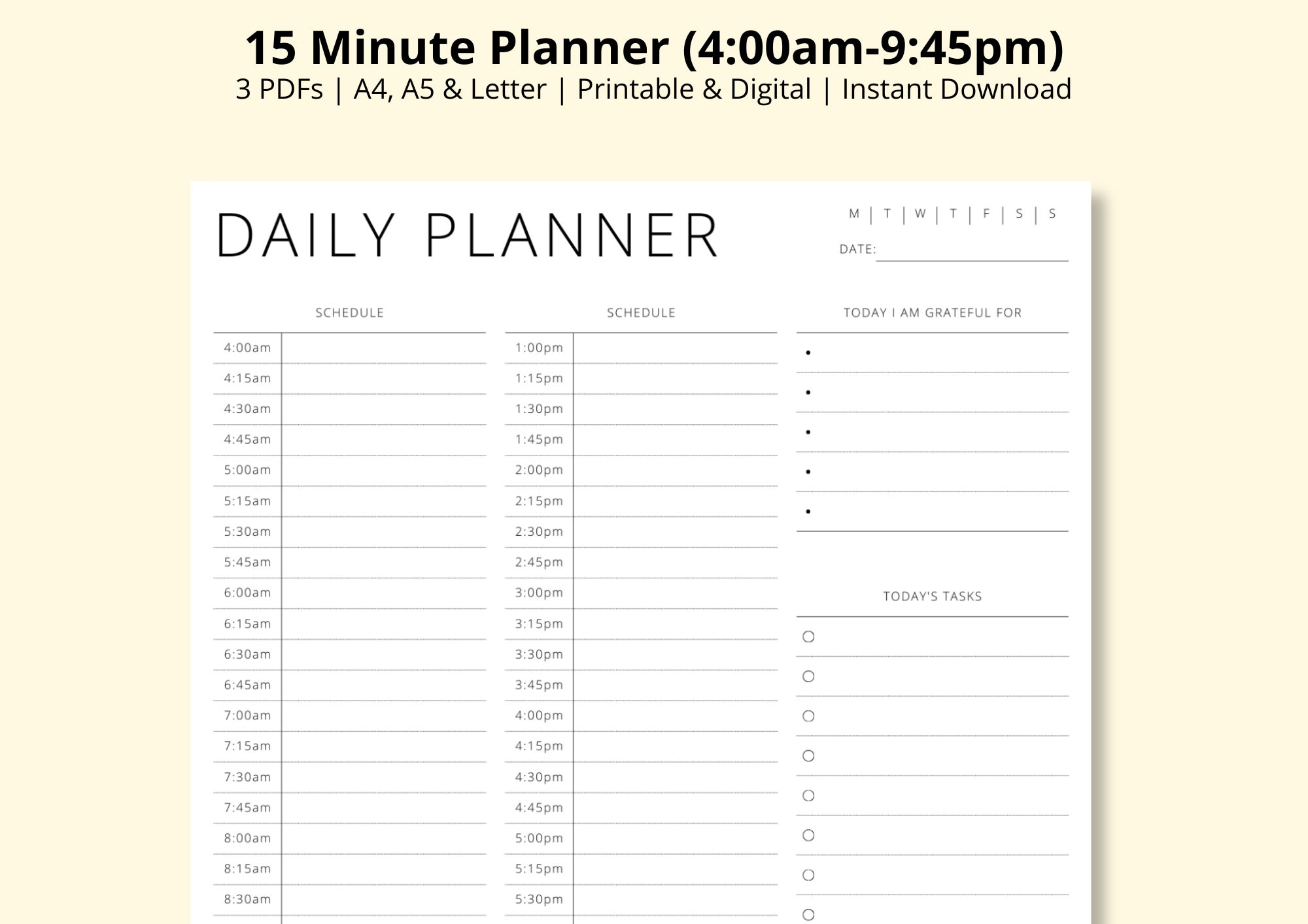 15 Minute Planner, Time Block PDF, Day Schedule Template, Daily Overview, 4am-9:45pm ...