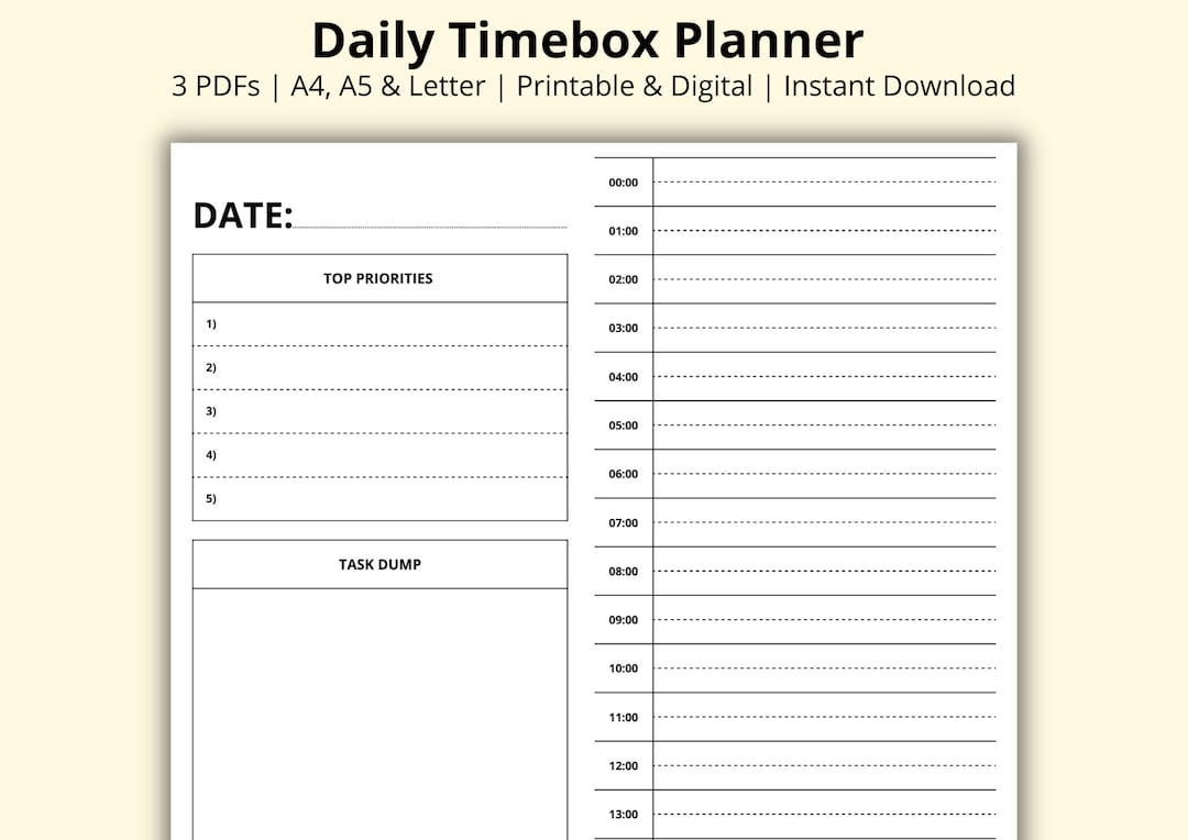 Daily Timebox Planner, Timeblocking Template, 24 Hour Planner, Half ...