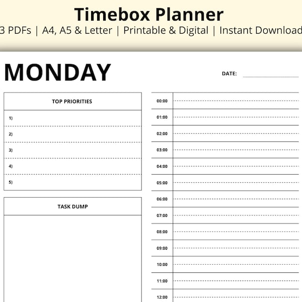 15 Minute Timebox Planner, Timeboxing Template, Daily Schedule, 15 ...