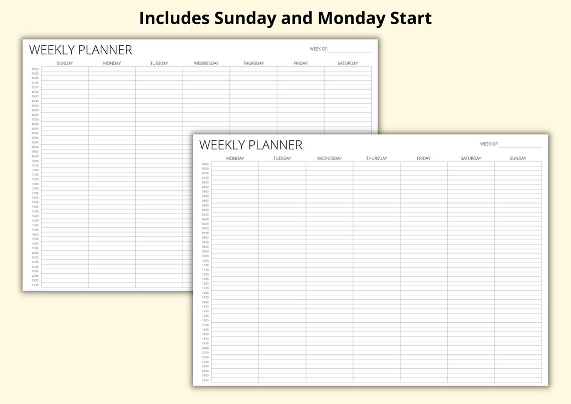 24 Hour Weekly Schedule, Week at a Glance, Weekly Time Blocking Planner ...