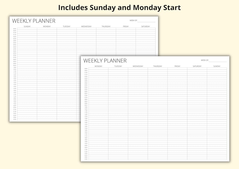24 Hour Weekly Schedule, Week at a Glance, Weekly Time Blocking Planner ...