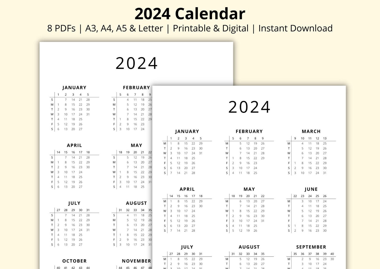 2024 Calendar, Printable Portrait Calendar, Simple Yearly Calendar ...