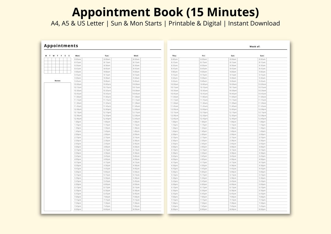 Appointment Book Printable, 15 Minute Interval Planner, Digital Appointment Sheet, Salon ...