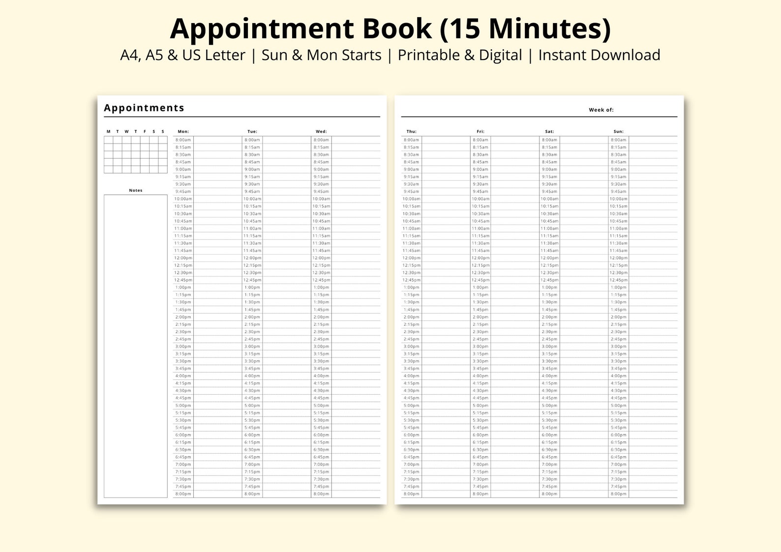 Appointment Book Printable, 15 Minute Interval Planner, Digital ...