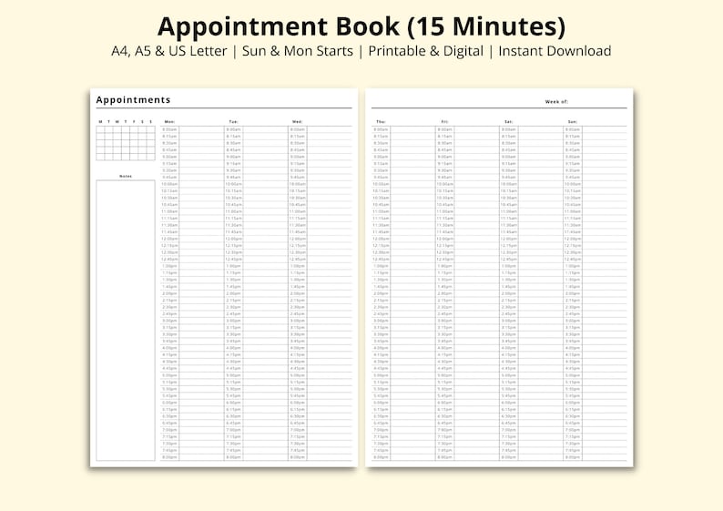 Appointment Book Printable, 15 Minute Interval Planner, Digital ...