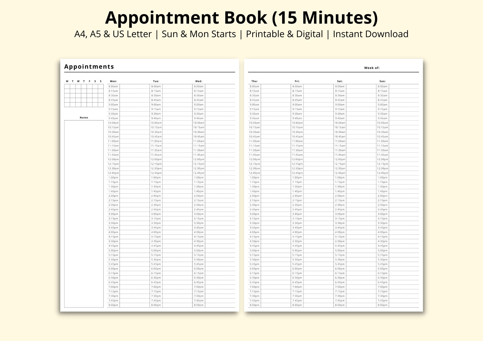 Appointment Book Printable, 15 Minute Interval Planner, Digital ...