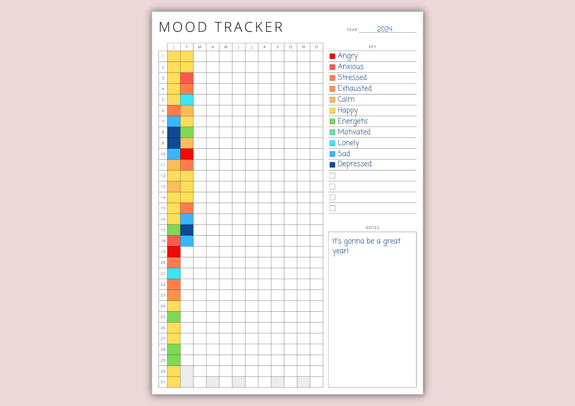 Mood Tracker, Daily Mood Log, A Year in Pixels, Annual Emotion Tracker ...