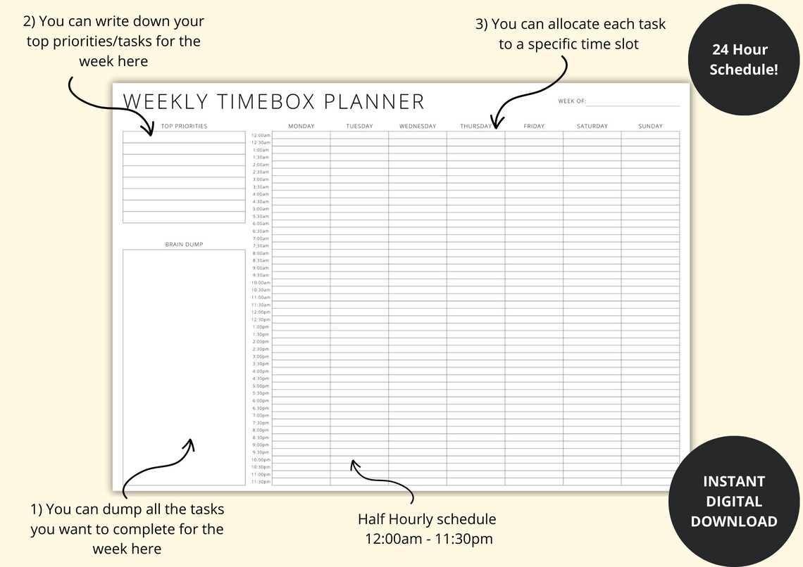 Weekly Timebox Planner, 7 Day Time Blocking Template, Week at a Glance ...