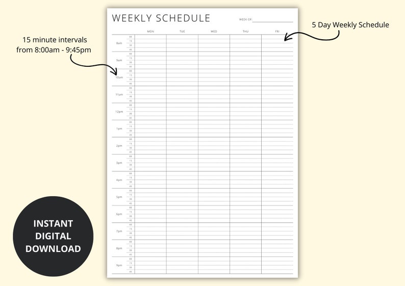 Weekly Planner, 15 Minute Planner PDF, 5 Day Weekly Schedule, Study ...