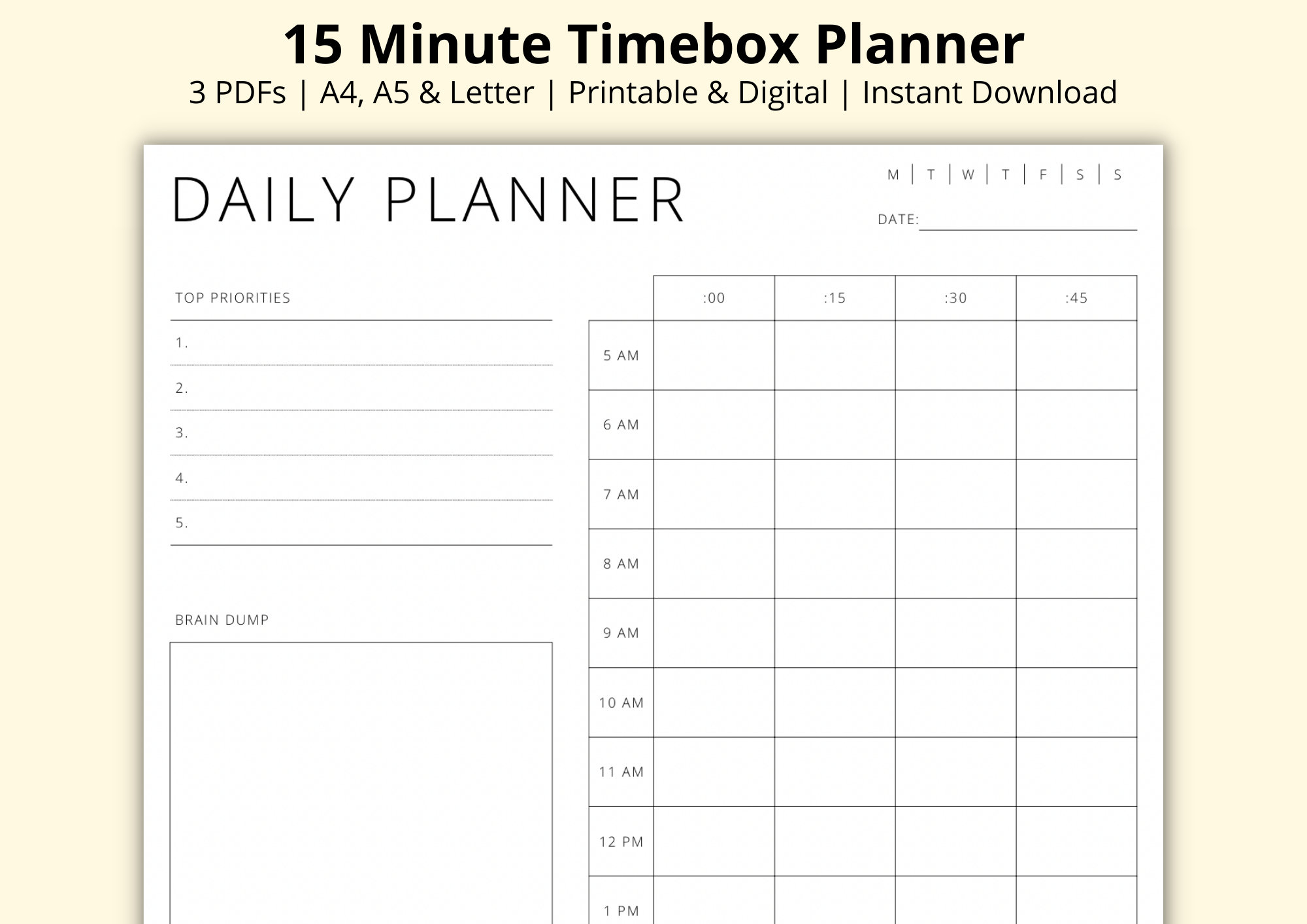 15 Minute Timebox Planner, Timeboxing Template, Daily Schedule, 15 ...