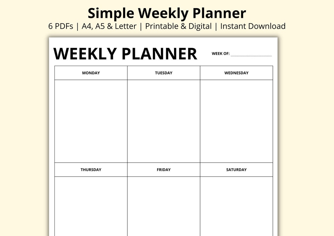 Simple Weekly Planner, 7 Day Planner Template, Week at a Glance, Weekly ...