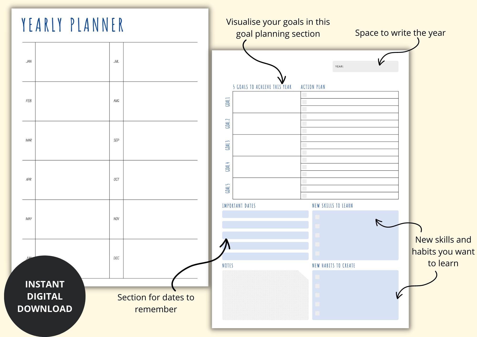 Yearly Planner, Annual Overview, Year at a Glance, Goal Planner, 12 ...