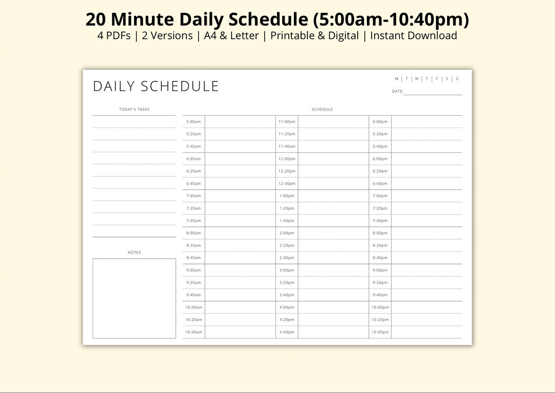 20 Minute Daily Schedule, Timetable Sheet, Day Planner Template, Daily ...