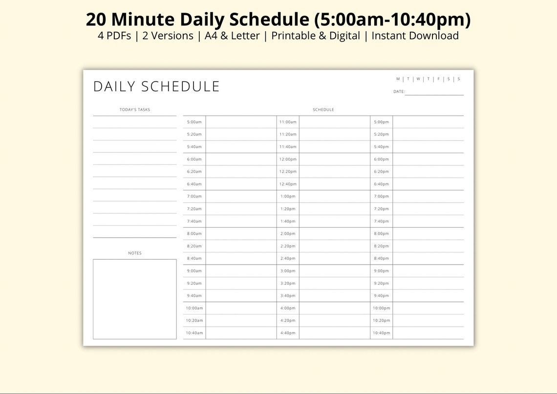 20 Minute Daily Schedule, Timetable Sheet, Day Planner Template, Daily ...