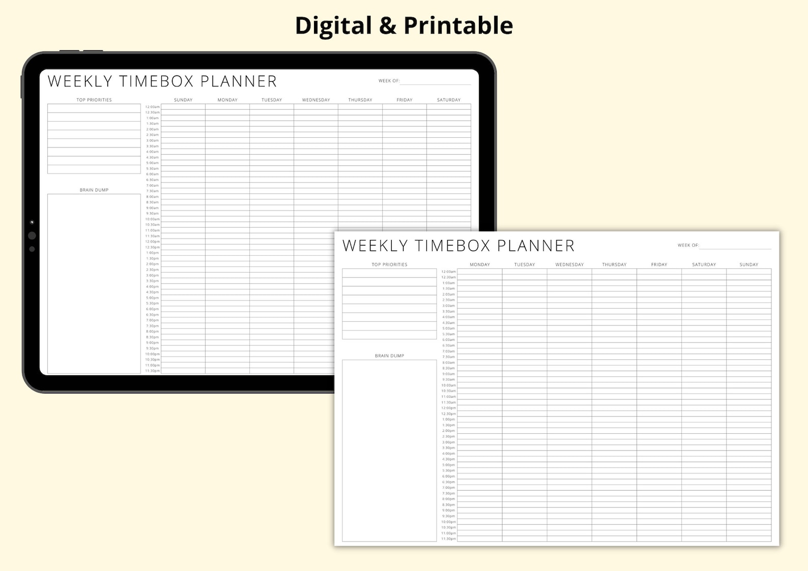 Weekly Timebox Planner, 7 Day Time Blocking Template, Week at a Glance ...