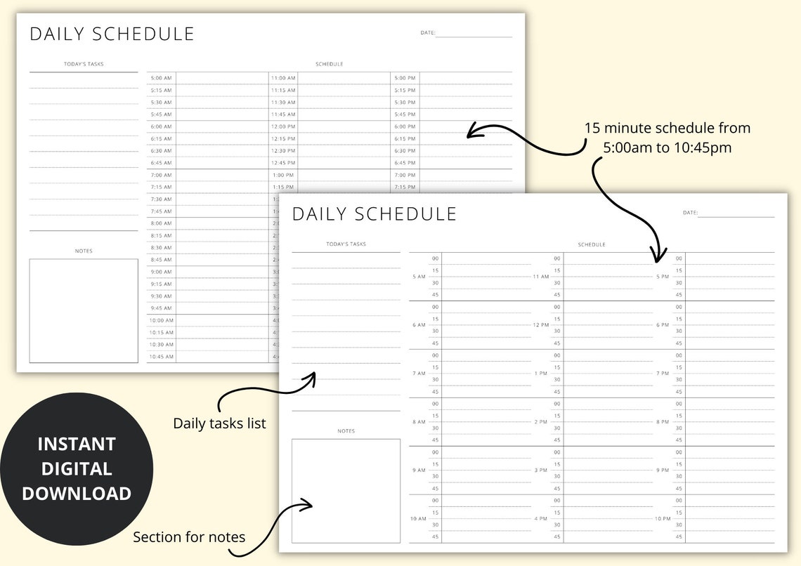 15 Minute Daily Schedule, Printable Timetable Sheet, Day Planner ...