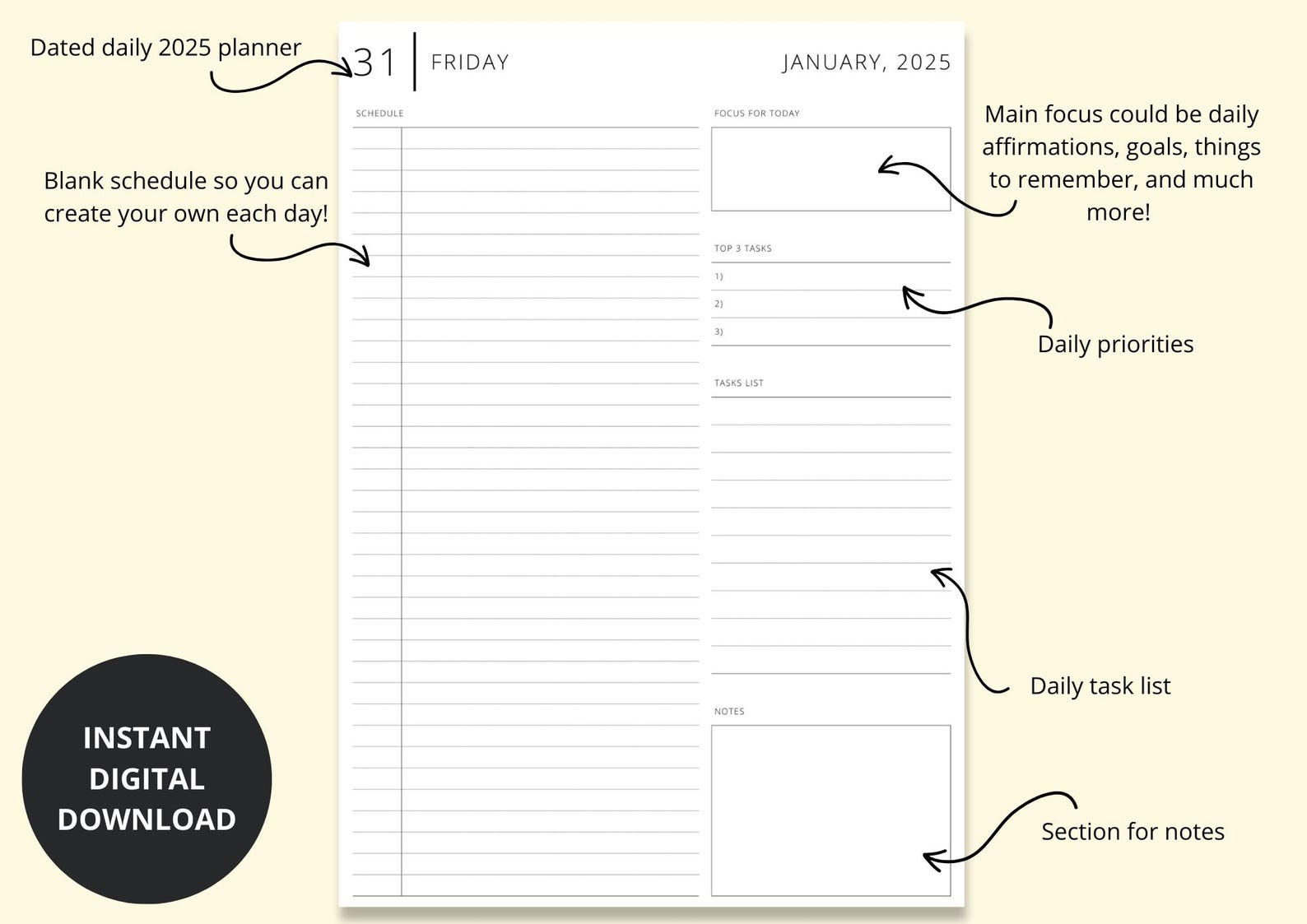 2025 Daily Planner, 2025 Calendar Printable, Blank Schedule, Dated ...