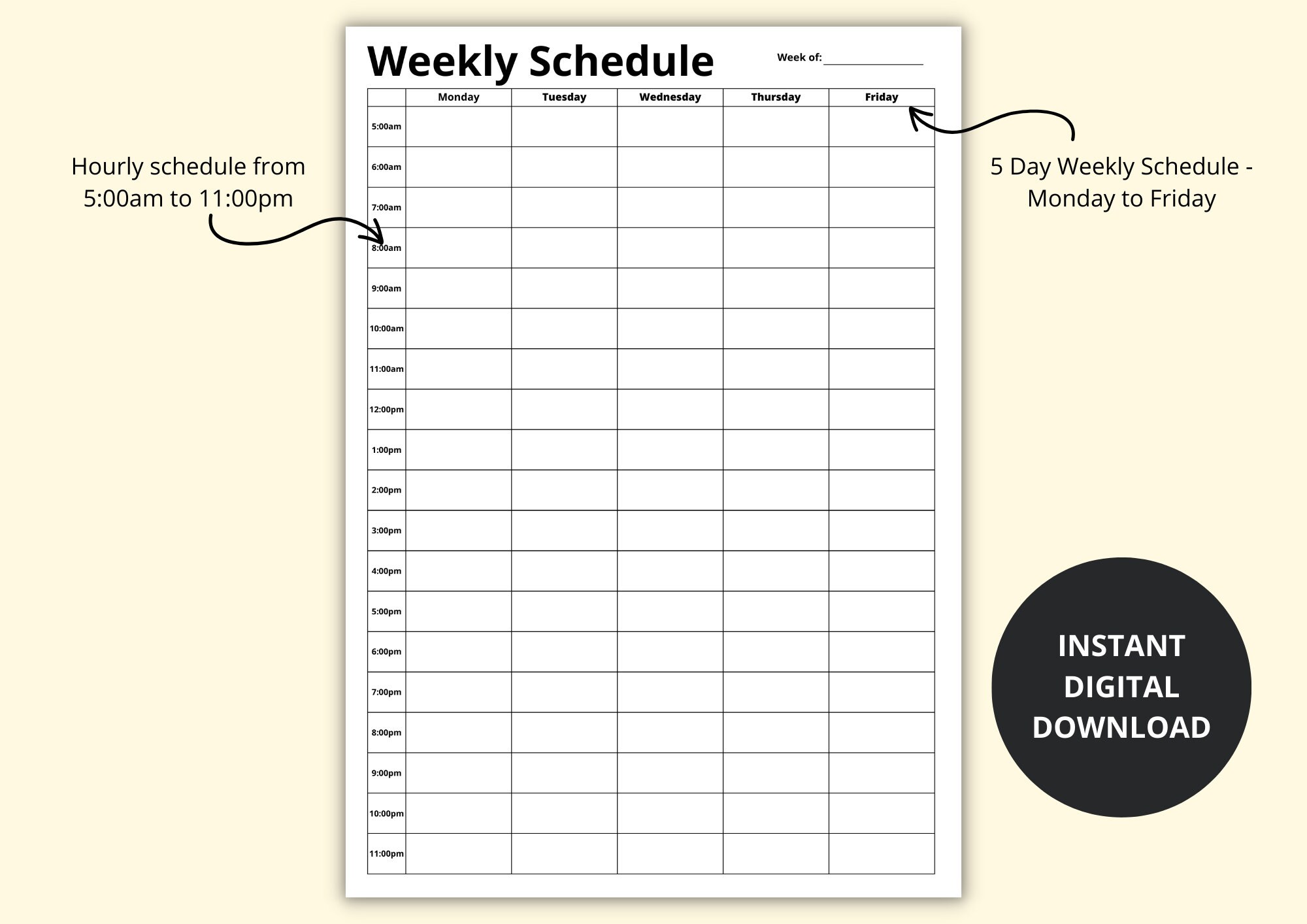 Hourly Weekly Planner, 5 Day Planner, Week at a Glance, Weekly Schedule ...