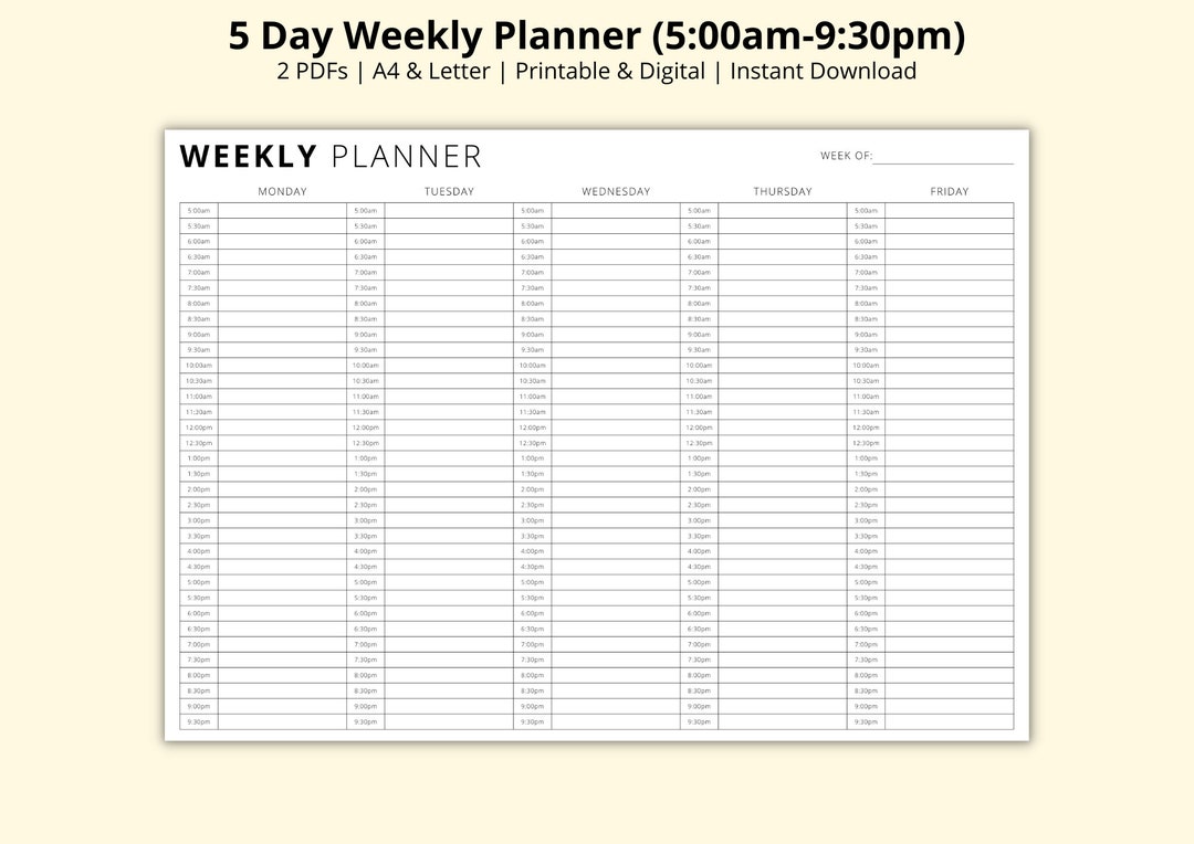 5 Day Weekly Planner, Time Blocking Template, Office/work Schedule ...