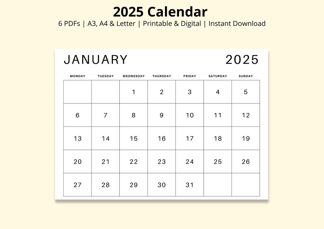 2025 Calendar, Simple Monthly Calendar PDF, 12 Month Planner, Desk/wall ...
