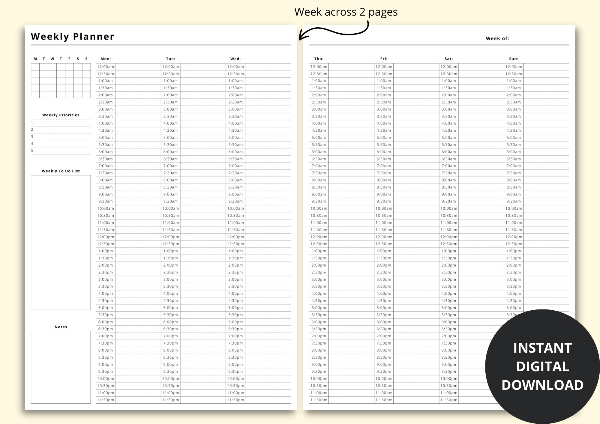 24 Hour Weekly Schedule, Weekly Timetable Sheet, 30 Minute Intervals, 7 ...