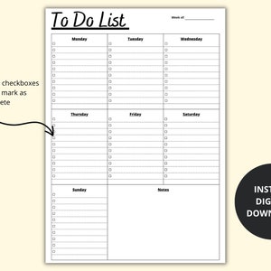 Weekly to Do List, Weekly Checklist, Weekly Tasks List PDF, Blank ...