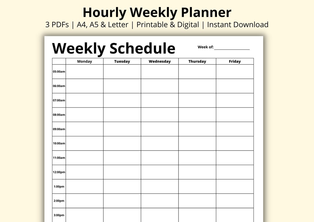 Hourly Weekly Planner 5 Day Planner Week at a Glance Weekly - Etsy