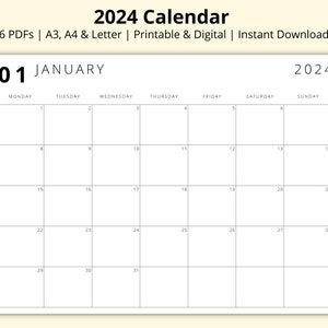 2024 Calendar, Monthly Calendar Printable, Month at a Glance, Monthly ...