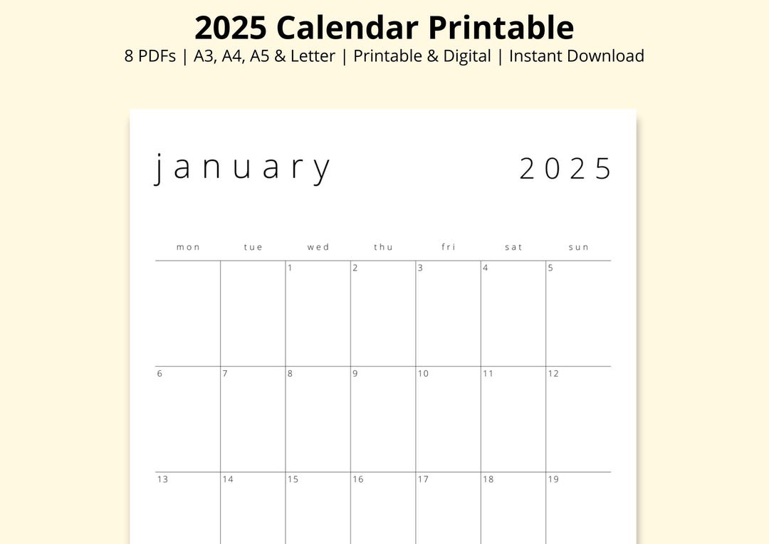 2025 Calendar Printable, Monthly 2025 Planner, Simple Portrait Calendar ...