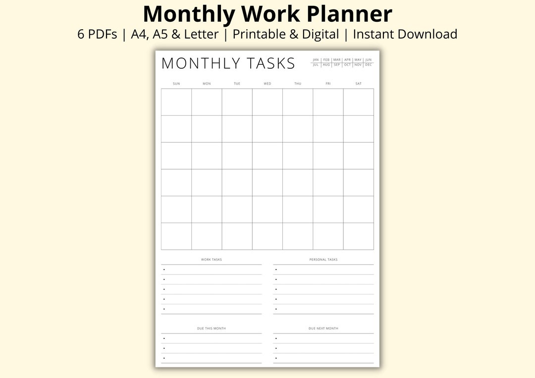 Monthly Work Planner, Monthly Calendar Page, Monthly Overview, Office ...
