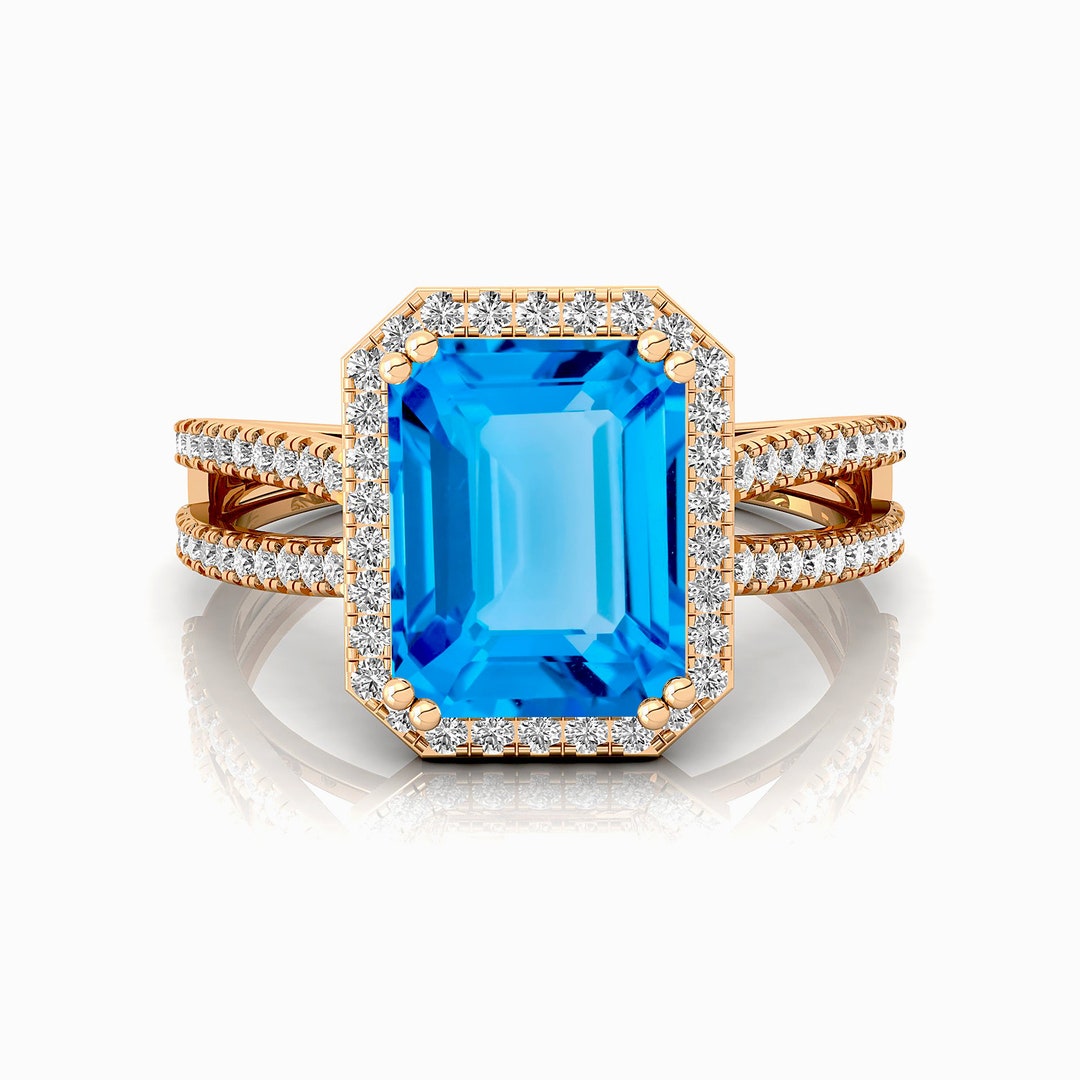 Exquisite Swiss Blue Topaz Double Band Ring, Blue Gemstone Ring, Halo ...