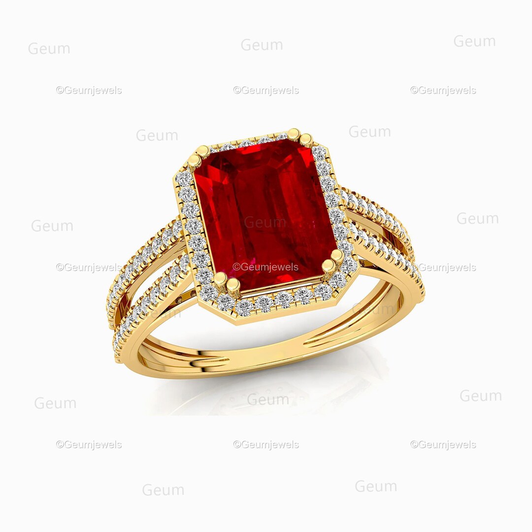 Emerald Cut Ruby Solitaire Double Band Wedding Ring - 14k Solid White ...