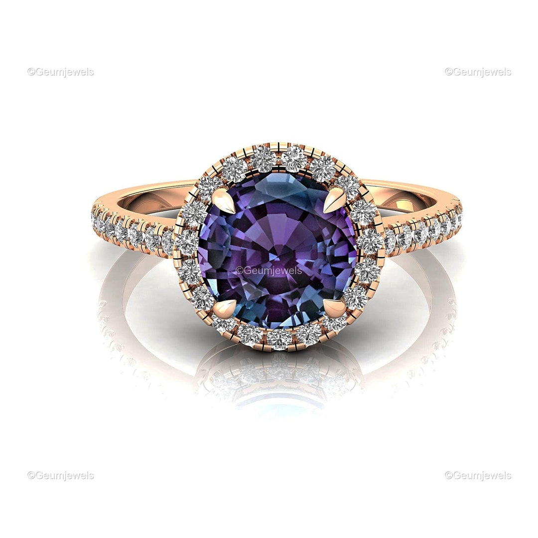 Elegant Alexandrite Ring, Gemstone Ring, Blue Halo Ring, 18k White Gold ...