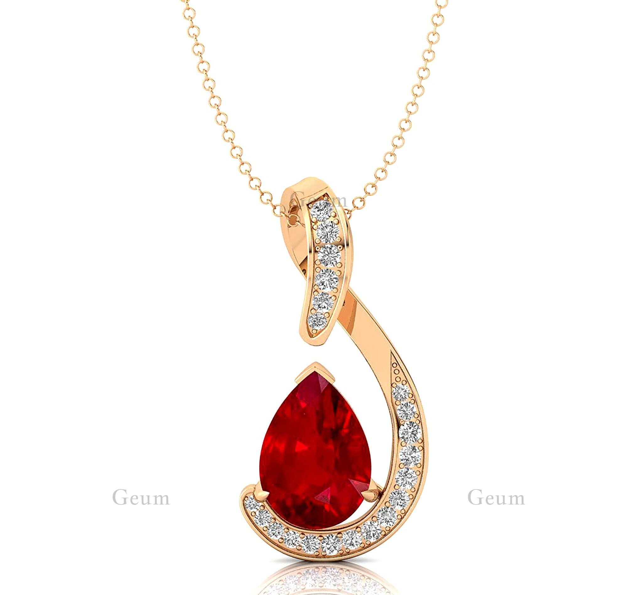 14kt Gold Ruby Necklace, Ruby Solid Gold Pendant, Ruby Teardrop ...