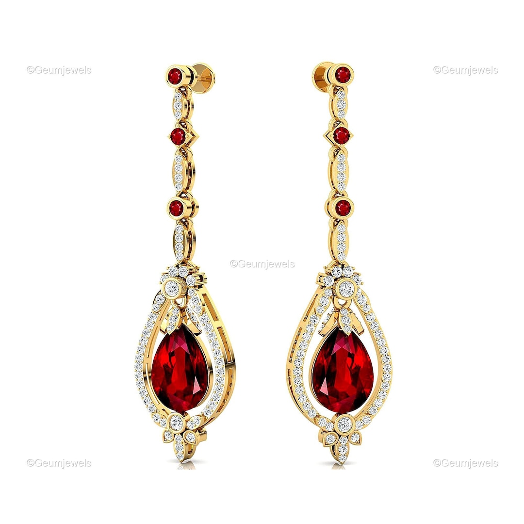 Pigeon Blood Ruby Earrings, Real Diamond Drop Earrings, 14kt/ 18k White ...