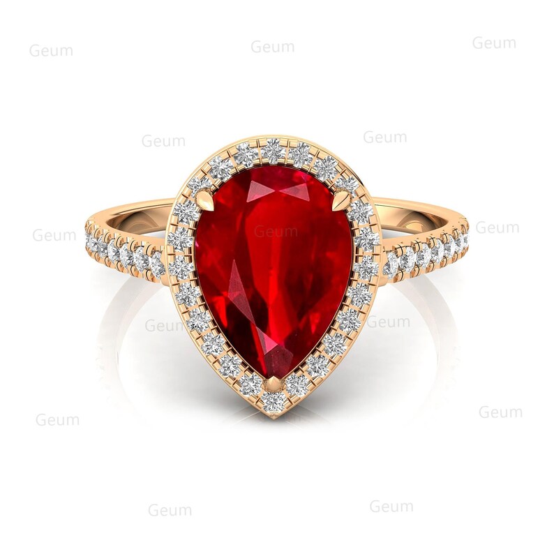 Ruby Ring / 14k Gold Pear Shape Natural Ruby With Pear Shape Diamond ...