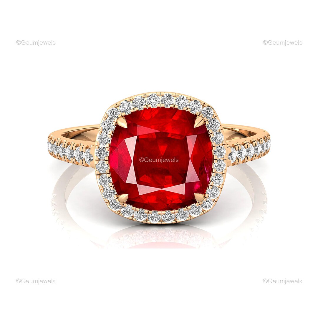 Cushion Shape Ruby Gemstone Halo Diamond Half Eternity Gold Engagement ...