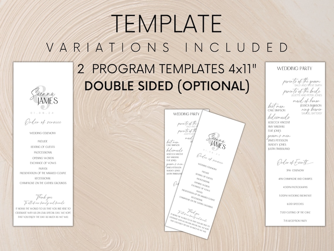 Long 4x11 Wedding Program Template, Modern Order of Service Instant ...