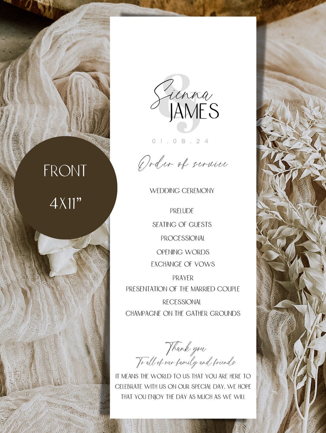 Long 4x11 Wedding Program Template, Modern Order of Service Instant ...