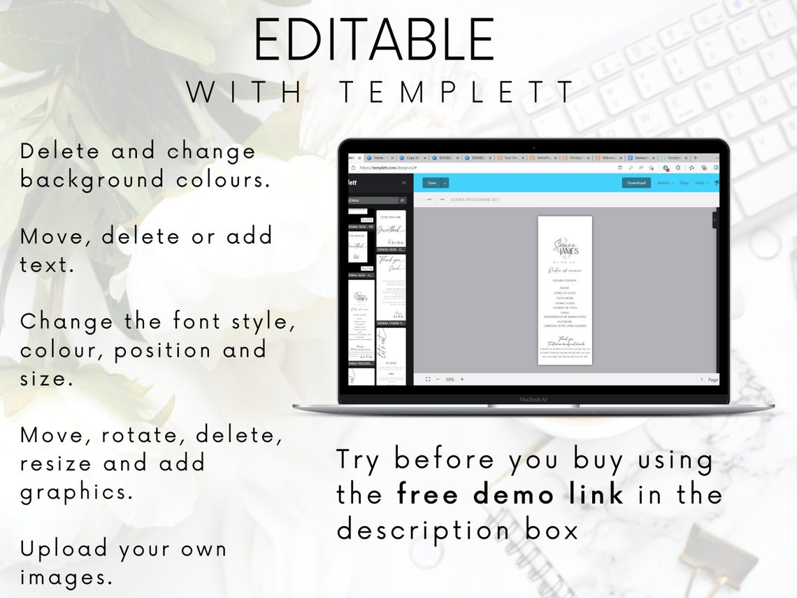 Long 4x11 Wedding Program Template, Modern Order of Service Instant ...
