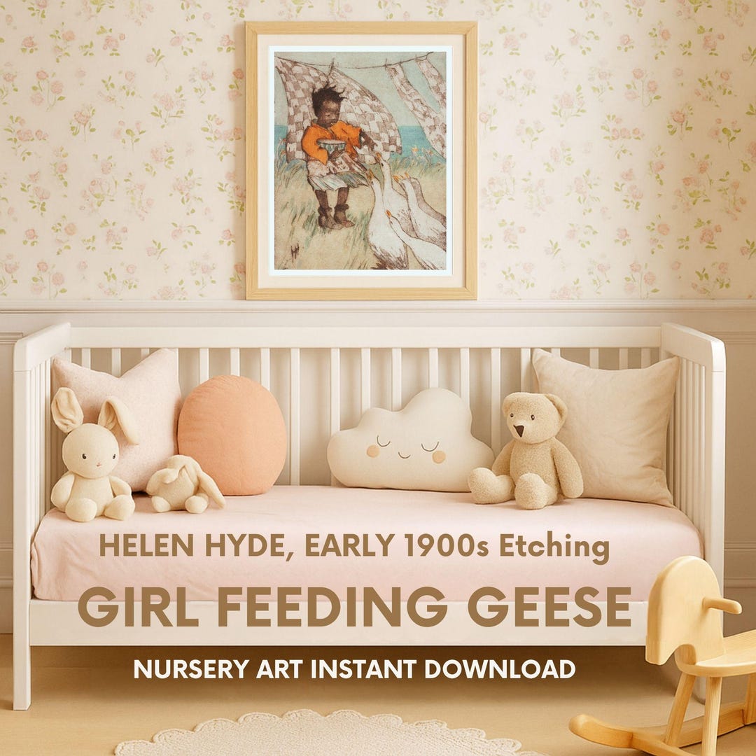 Vintage Helen Hyde Etching: Girl Feeding Geese, Nursery Art (digital ...