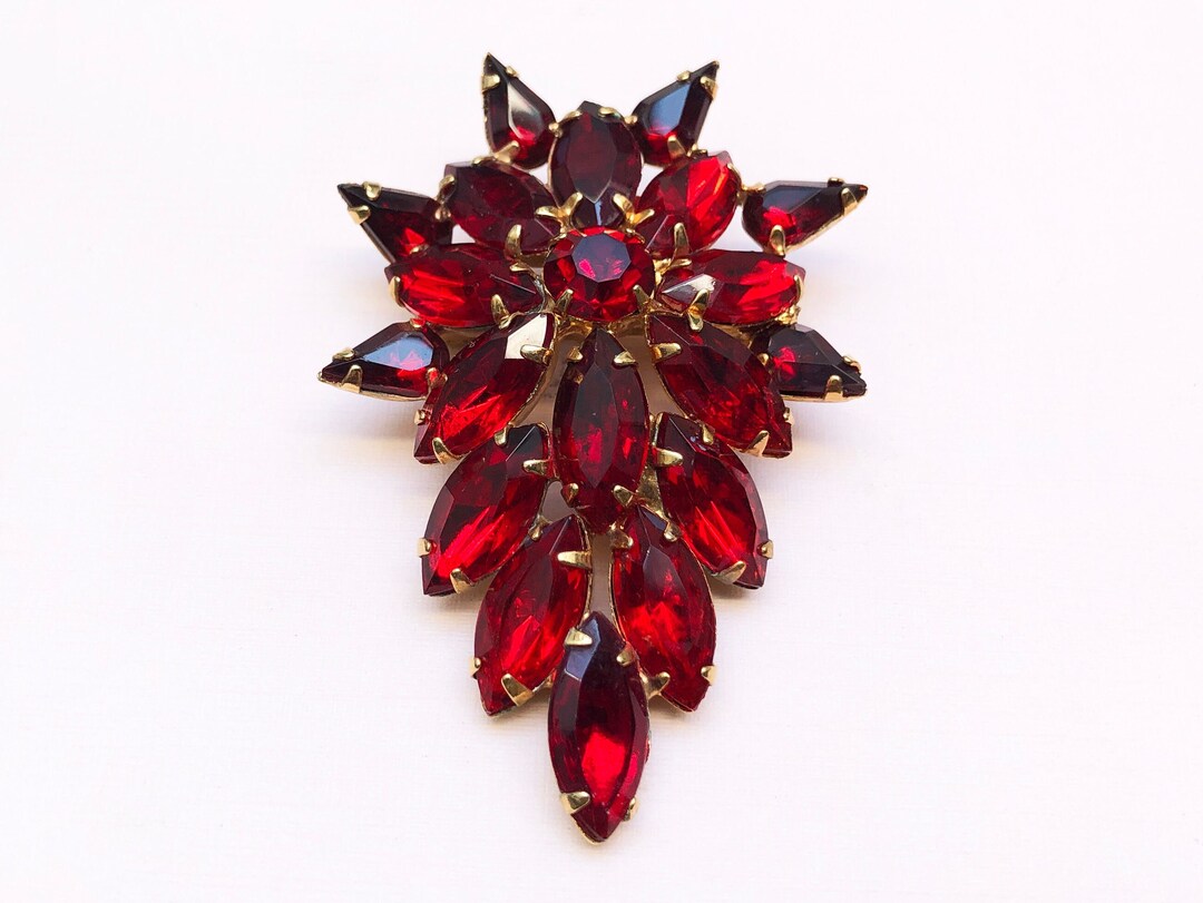 Red Crystal Brooch 60s Vintage, Huge Fancy Rhinestone Pin, Large Accent ...