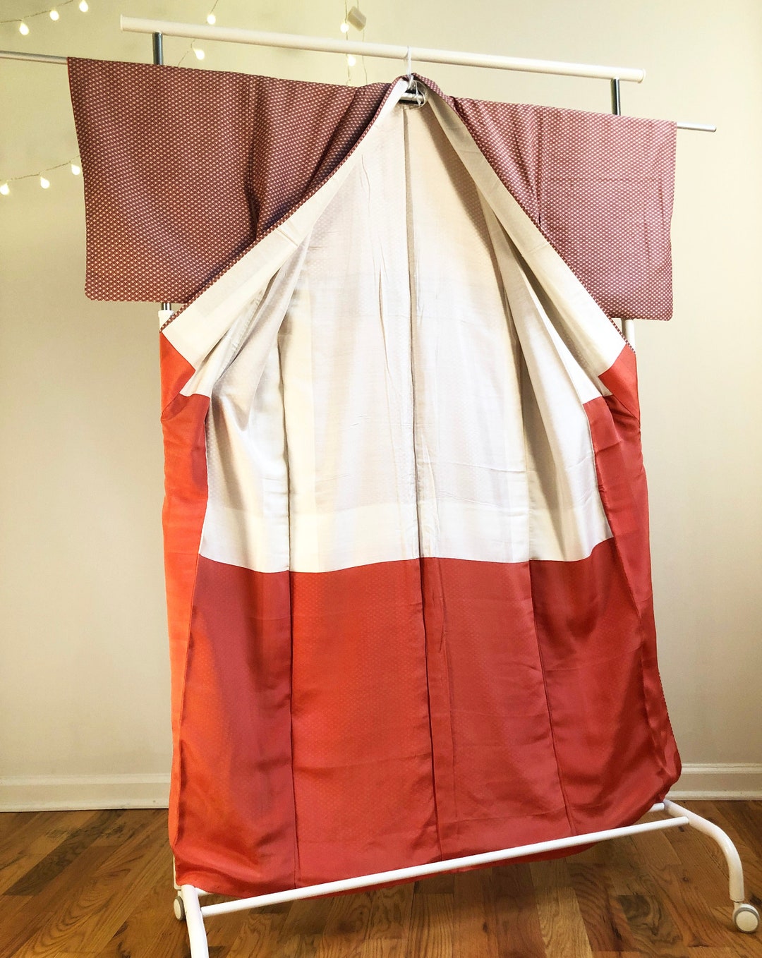 Long Authentic Japanese Kimono KOMON, Smoky Reddish Brown Pure Silk ...